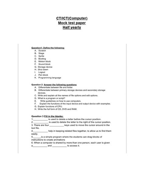 Computer Mock Test Half Yearly Exam Pdf