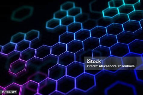 다채로운 육각형 그리드 투시도가 있는 추상적인 어두운 기술 배경 3d 렌더링 0명에 대한 스톡 사진 및 기타 이미지 0명 3차원 형태 개념 Istock