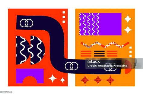 추상적인 기하학적 모양과 순진한 격자로 설정된 브루탈리즘 포스터 잔인한 현대 인물 별 타원형 나선형 파도 및 기타 원시적인 요소와 질감 스위스 디자인 미학 벡터 일러스트