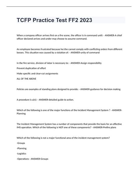 Tcfp Practice Test Ff2 Exam 2023 With 100 Correct Answers Tcfp Practice Stuvia Us