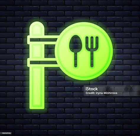 벽돌 벽 배경에 고립 된 빛나는 네온 카페와 레스토랑 위치 아이콘 포크와 숟가락 식당 표지판 은 핀 포인트 내부 벡터 거리에 대한 스톡 벡터 아트 및 기타 이미지 Istock