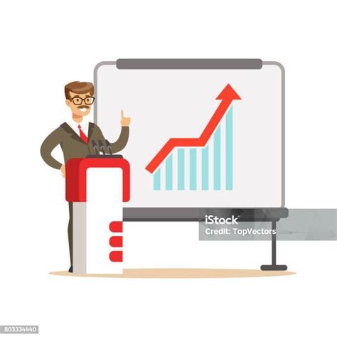화이트 보드에 프레 젠 테이 션을 설명 하 고 성장 그래프를 주는 사업을 웃 고 벡터 일러스트 개념에 대한 스톡 벡터 아트 및