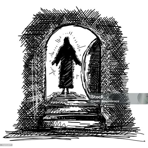 부활절에 대 한 손으로 그린 벡터 그림입니다 부활하신 예수 그리스도는 빈 무덤에서 나오셨습니다 무덤 매장지에 대한 스톡 벡터 아트 및 기타 이미지 Istock