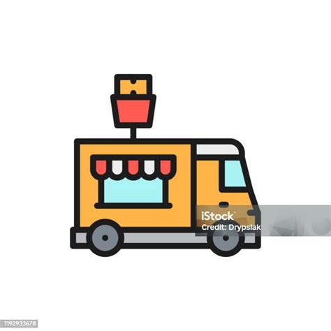 감자 튀김 트럭 패스트 푸드 차량 플랫 컬러 라인 아이콘입니다 Film Festival에 대한 스톡 벡터 아트 및 기타 이미지
