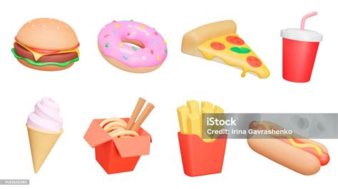 패스트 푸드 3d 아이콘 세트 패스트 푸드 레스토랑 메뉴 햄버거 핫도그 웍 국수 피자 도넛 감자 튀김 소다 아이스크림 벡터