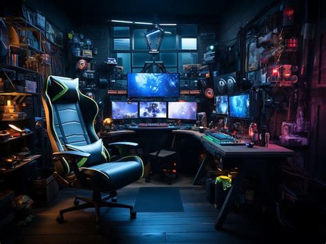Premium AI Image Backdrop Of Cyberpunk Gaming Den Room Neon Gaming