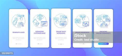 개념으로 모바일 앱 페이지 화면의 온라인 판매를 증대 생성 팁 연습 5 단계 그래픽 지침을 리드 Rgb 색상 그림이 있는 Ui 벡터 템플릿 개념에 대한 스톡 벡터 아트 및
