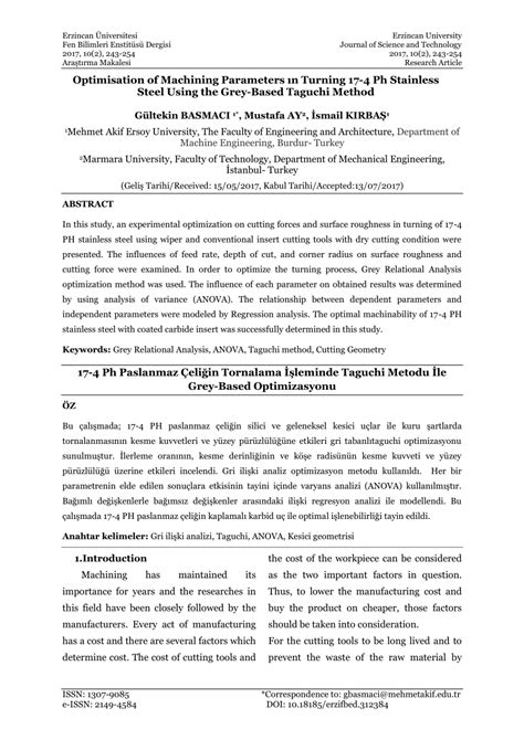 Pdf Optimisation Of Machining Parameters ın Turning 17 4 Ph Stainless Steel Using The Grey