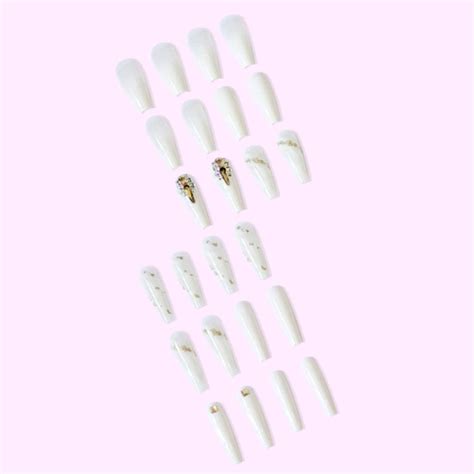 Kamize Rhinestones Fake Nails Coffin White Marble Long Press On Full Cover Acrylic False