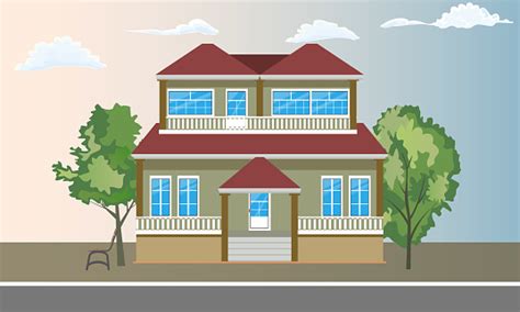 2 층의 멋진 집과 나무를 정면으로 볼 평면 및 단색 스타일 벡터 일러스트입니다 3차원 형태에 대한 스톡 벡터 아트 및 기타 이미지 3차원 형태 개념 개발 Istock