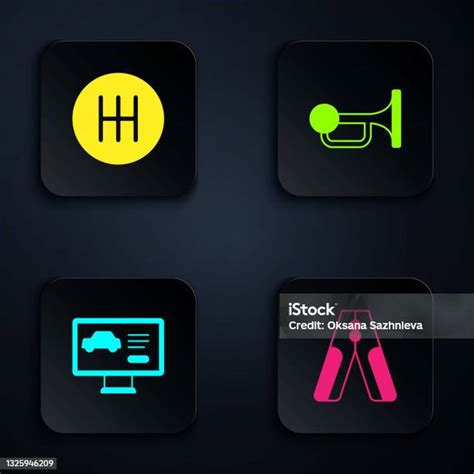 자동차 배터리 점퍼 전원 케이블 기어 시프터 자동차의 진단 조건 및 신호 경적 차량을 설정합니다 검은 색 사각형 버튼 벡터 검은