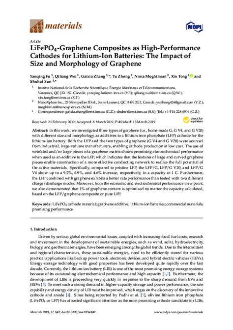 Pdf Lifepo4 Graphene Composites As High Performance Cathodes For Lithium Ion Batteries The