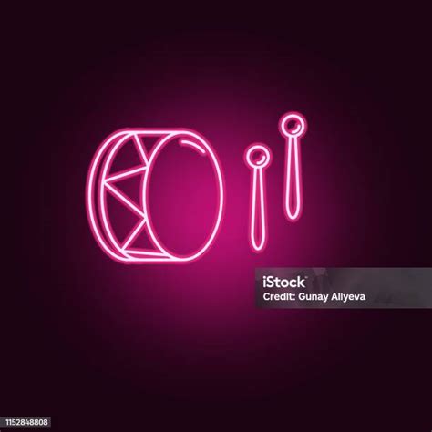 드럼과 막대기 네온 아이콘입니다 종교의 요소 설정 합니다 웹사이트 웹 디자인 모바일 앱 정보 그래픽에 대 한 간단한 아이콘 드럼 연주자에 대한 스톡 벡터 아트 및 기타