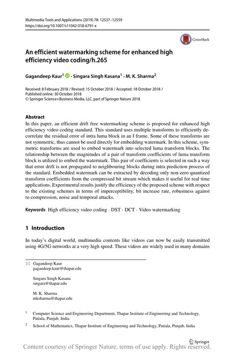 An Efficient Watermarking Scheme For Enhanced High Efficiency Video Codingh265 Request Pdf
