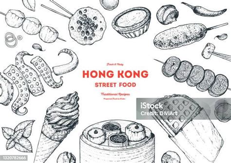홍콩 길거리 음식 프레임 중국 음식 메뉴 디자인 템플릿 빈티지 손으로 그린 스케치 벡터 일러스트 각인된 스타일
