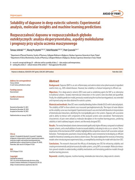 Solubility Of Dapsone In Deep Eutectic Solvents Experimental Analysis