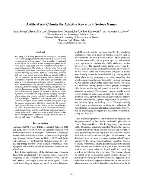 Pdf Artificial Ant Colonies For Adaptive Rewards In Serious Games