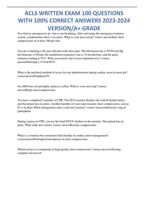 Acls Written Exam 100 Questions With 100 Correct Answers Version A