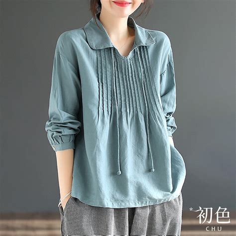初色 文藝棉麻風莫蘭迪色系抽繩壓摺收口t恤上衣 共4色 67337m 2xl可選 長袖 Yahoo奇摩購物中心