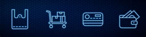 세트 라인 신용 카드 종이 쇼핑 백 핸드 트럭과 상자와 지갑돈 벽돌 벽에 빛나는 네온 아이콘 벡터 가방에 대한 스톡 벡터 아트 및 기타 이미지 Istock