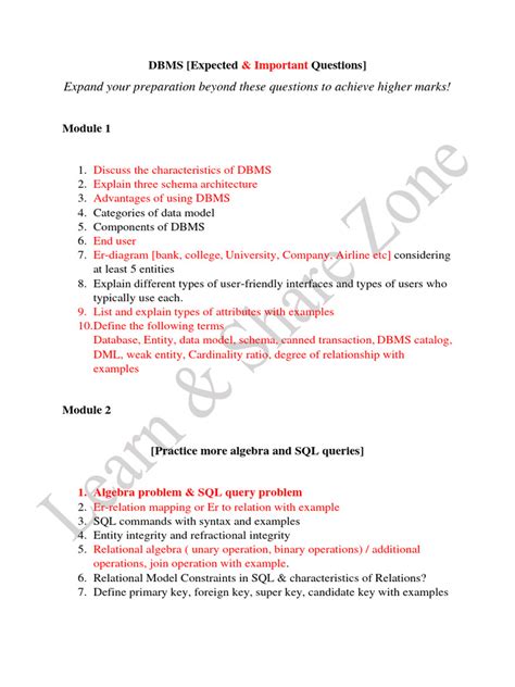 Dbms Expected And Important Questions Pdf Databases Relational Database