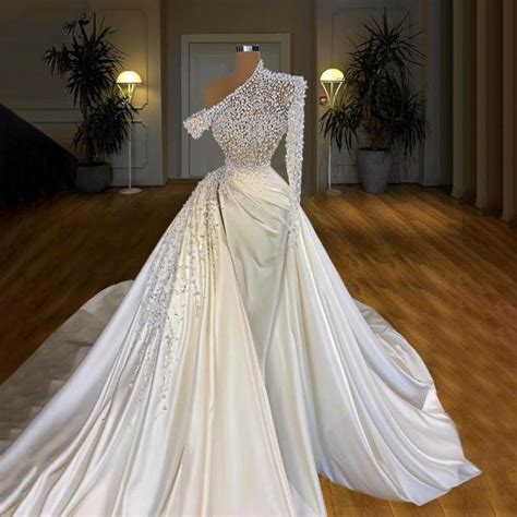 Elegant One Shoulder Prom Dresses With Pearls Long Sleeve Custom Made