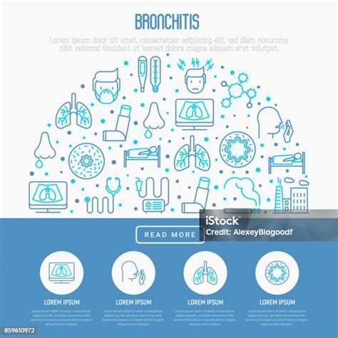 기관지염 증상 및 치료의 얇은 선 아이콘 컨셉 두통 치조 흡입기 분무기 청진 기 온도계 X 선 침대 휴식 배너 인쇄 미디어 벡터 그림입니다 천식 흡입기에 대한 스톡 벡터