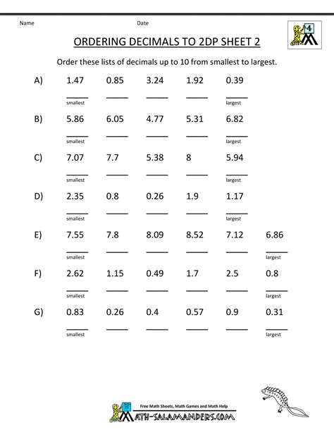 Ordering Decimals Worksheets Free Printable 2dp