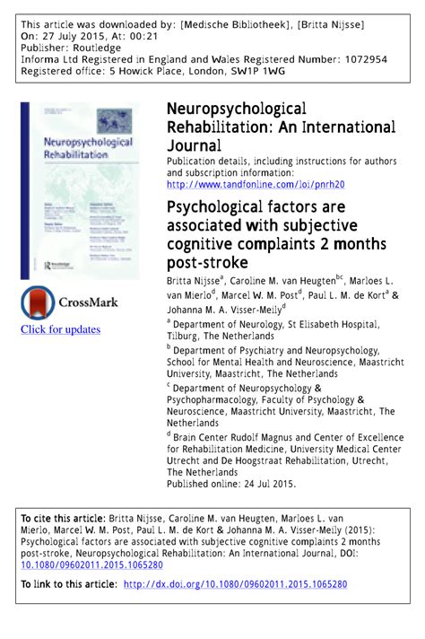 Pdf Psychological Factors Are Associated With Subjective Cognitive Complaints 2 Months Post Stroke