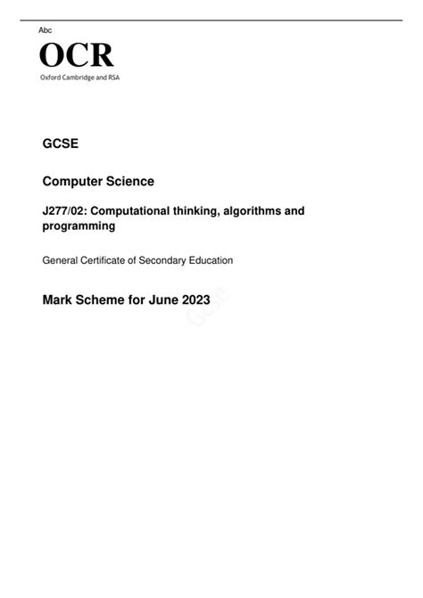 Ocr Gcse 91 Computer Science Paper 1and2 June 2023 Question Papers And