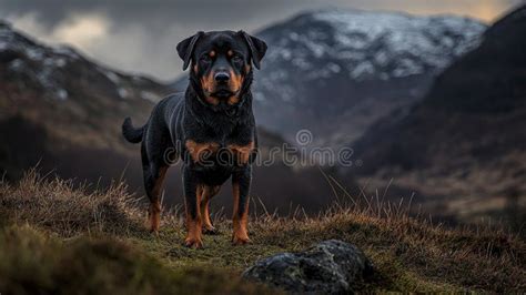 Rottweiler Dog Posing In Majestic Mountain Landscape Outdoor Photography Dramatic Evening
