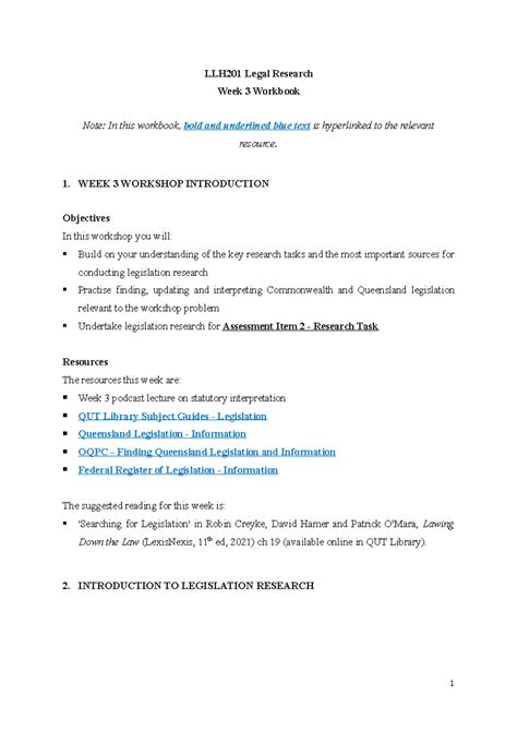 2023 Week 3 Workbook Llh201 Legal Research Week 3 Workbook Note