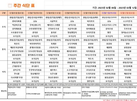 2023년 2월 2주차 주간식단표 희망찬 요양병원 식단표 재활 통증 병원