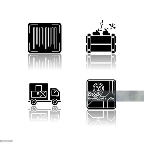 상품 가용성 및 품질 관리 드롭 그림자 블랙 글리프 아이콘 세트 보관 장소 상품 부패 및 영수증 제품 바코드 식별 공백에 대한 격리된 벡터 그림 0명에 대한 스톡 벡터 아트