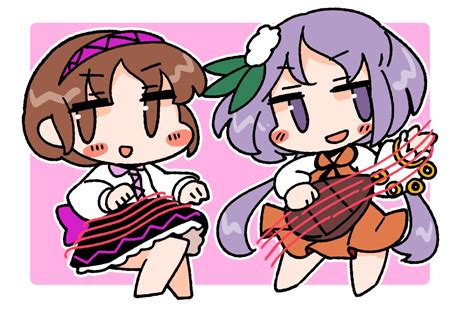 Safebooru 2girls Barefoot Biwa Lute Blush Stickers Border Brown Dress