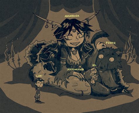 Fenrir Jormungandr Angrboda Hel And Loki Norse Mythology Drawn By