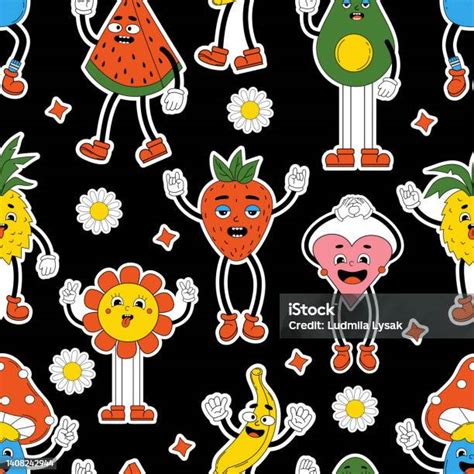 복고풍 환각적인 이음새가 없는 패턴 그루비한 배경 70 년대 80 년대 분위기의 벡터 히피 패턴은 검은 배경에 얼굴 장갑을 낀 손과 발을 가진 재미있는 만화 만화