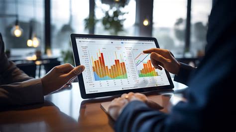 Business People Analyzing Financial Data On Tablet Displaying Charts Graphs During An Office