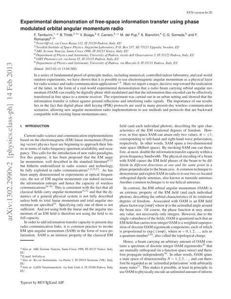 Pdf Experimental Demonstration Of Free Space Information Transfer Using Phase Modulated