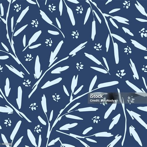간단한 꽃 벡터 원활한 패턴 진한 파란색 배경에 가지 나뭇잎 및 나뭇 가지 직물 인쇄 섬유 의류 봄 여름 컬렉션 0명에 대한 스톡 벡터 아트 및 기타 이미지 Istock