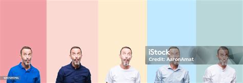 다채로운 줄무늬에 수석 노인의 잘생긴 남자의 콜라주 배경 만드는 물고기 얼굴 입술 고 우 스 꽝 스러운 제스처와 격리 재미 있는 식입니다 구도에 대한 스톡 사진 및 기타