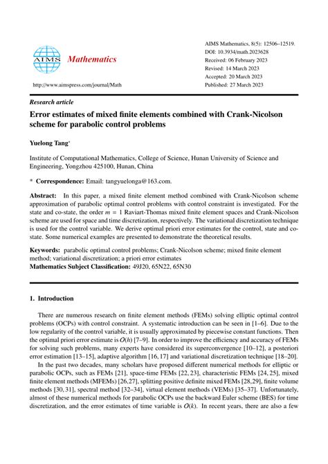 Pdf Error Estimates Of Mixed Finite Elements Combined With Crank