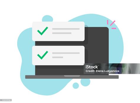 승인 된 체크 리스트 벡터 플랫 만화 고립 온라인 통지 또는 업데이트 작업 현대 디자인 이미지와 함께 컴퓨터 노트북 또는 Pc에 알림 메시지 0명에 대한 스톡 벡터 아트 및
