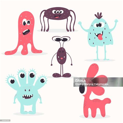 6마리의 귀엽고 다채로운 몬스터 세트 귀여운 외계인 무서운 그렘린 평면 기법의 허구적 인물의 모습 가공의 인물에 대한 스톡 벡터 아트 및 기타 이미지 Istock
