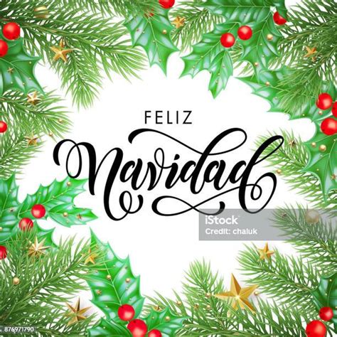 Feliz Navidad 스페인어 메리 크리스마스 손으로 그려진된 서 홀리 화 환 장식에서 하 고 크리스마스 화 환 별 벡터