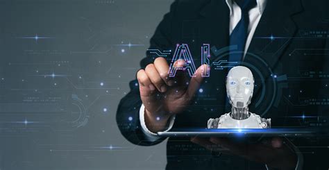 인공 지능 Ai 스마트 로봇 기술을 사용하여 데이터를 분석하고 무언가를 구축하기 위해 명령을 입력하는 사업가 미래의 기술 변화 챗봇 채팅 Ai 개념 Brand Name