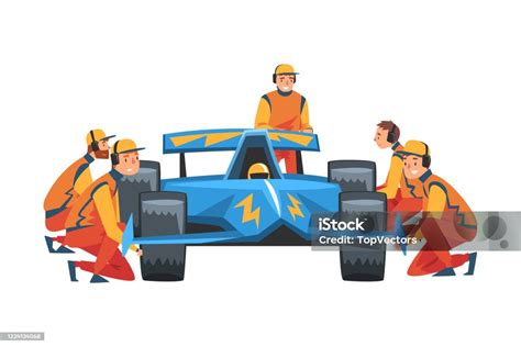 피트 스톱 승무원 유니폼 변경 타이어 바퀴 레이싱 자동차의 유지 보수 전문 역학 만화 캐릭터 벡터 일러스트 교통수단에 대한 스톡 벡터 아트 및 기타 이미지 Istock