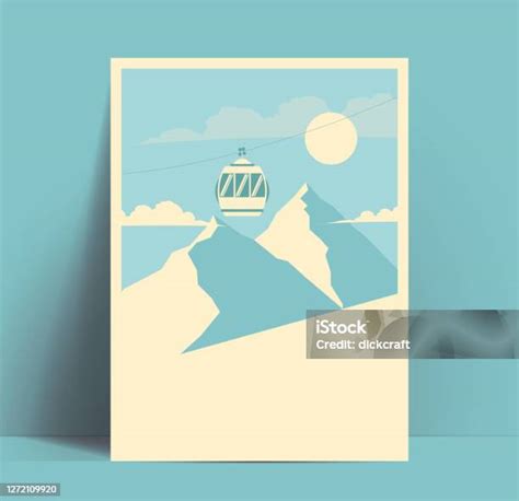 스키 또는 스노우 보드 또는 겨울 산 투어 포스터 또는 전단지 디자인 템플릿산 실루엣과 산 리프트 오두막 및 텍스트빈 공간 벡터 일러스트레이션 스키에 대한 스톡 벡터 아트