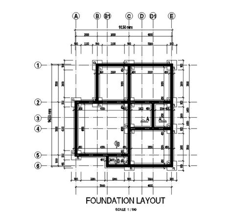 Foundation Layout Of 9x10m House Plan In Autocad Drawing