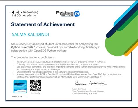 Salma Kalidindi On Linkedin Cisco Python Pythonessential1 Certificate Programming Coding
